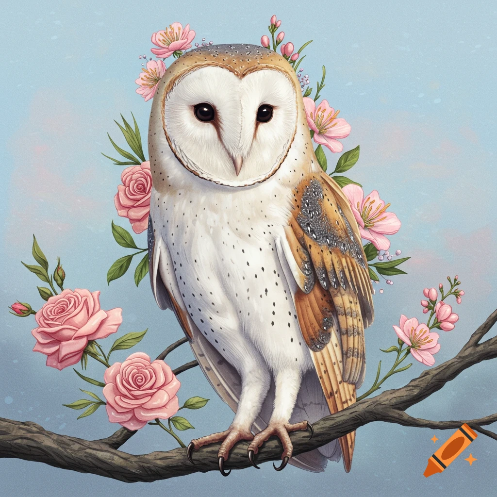 A barn owl is perched on a branch among pink roses and flowers. on Craiyon