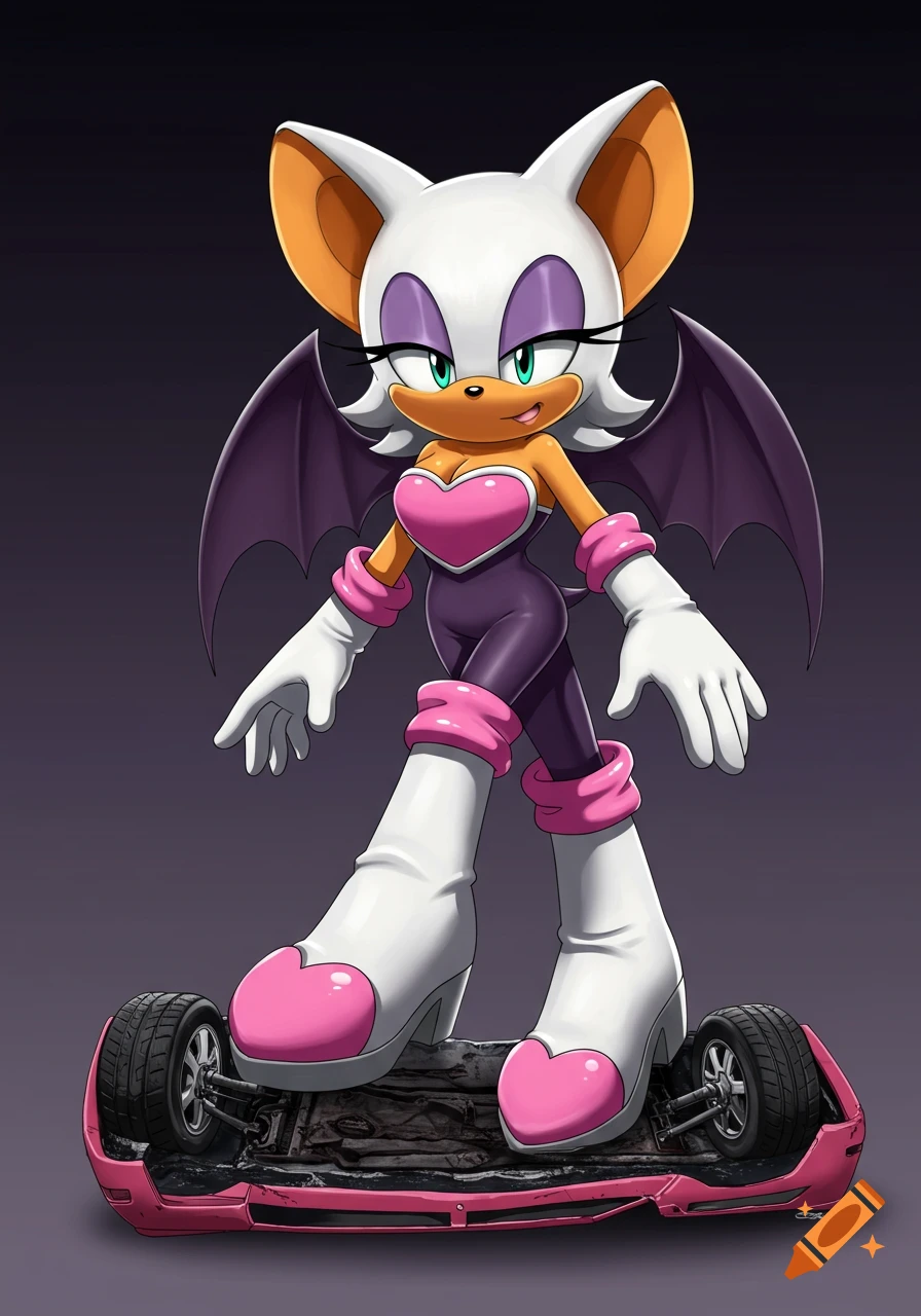 Rouge the Bat from Sonic the Hedgehog standing on a flattened pink car ...