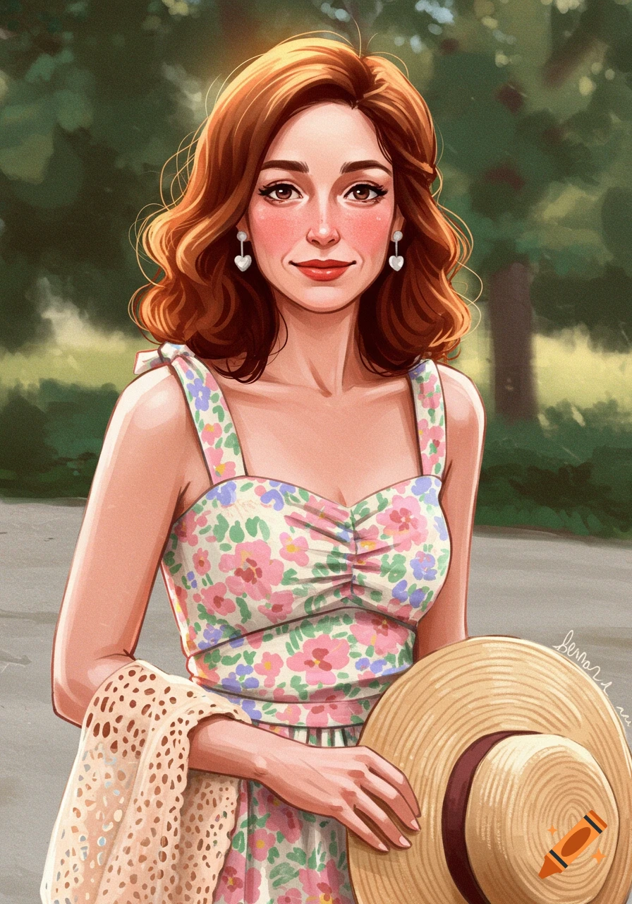 A woman in a floral dress holding a straw hat. on Craiyon