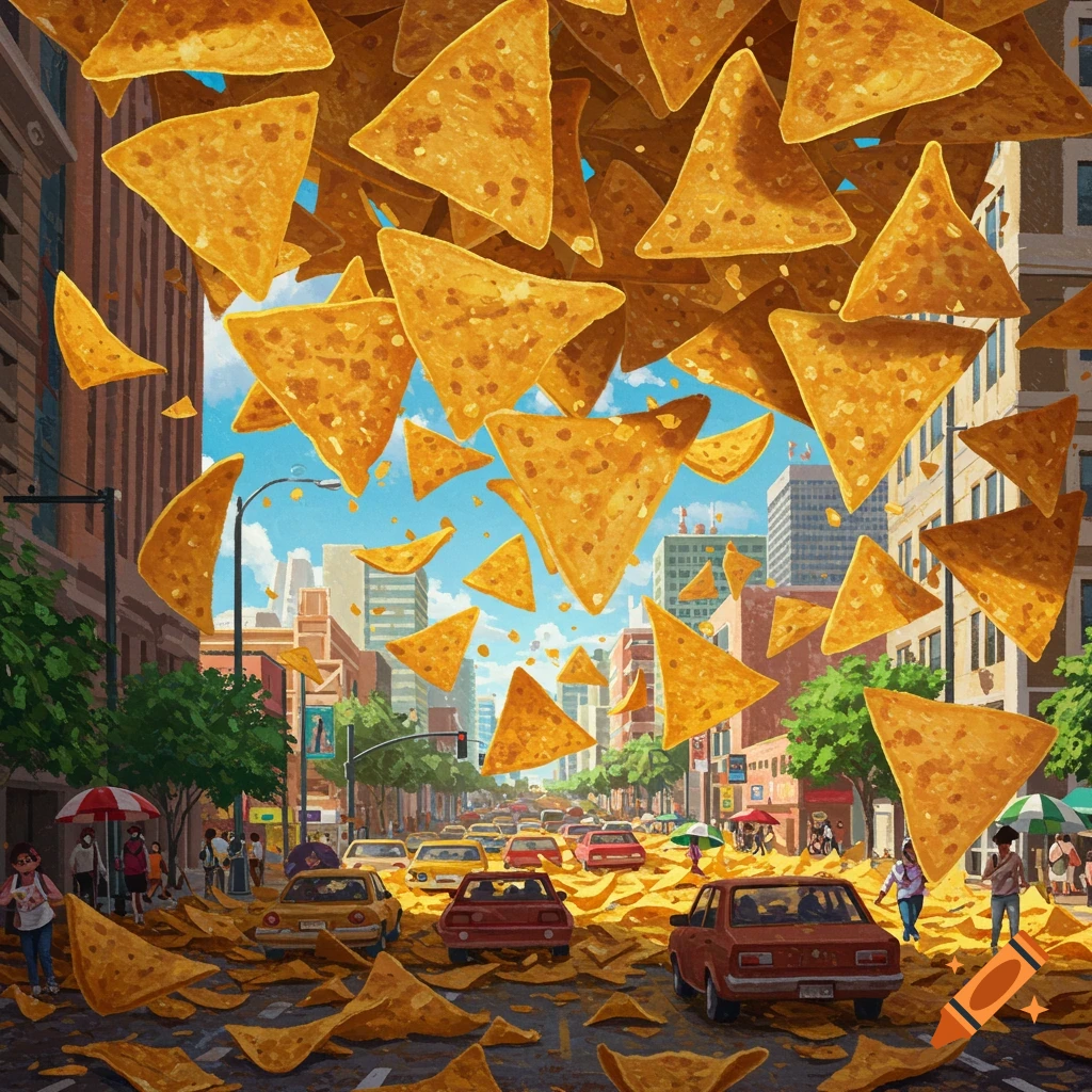 Tortilla chips are raining down on a busy city street. on Craiyon