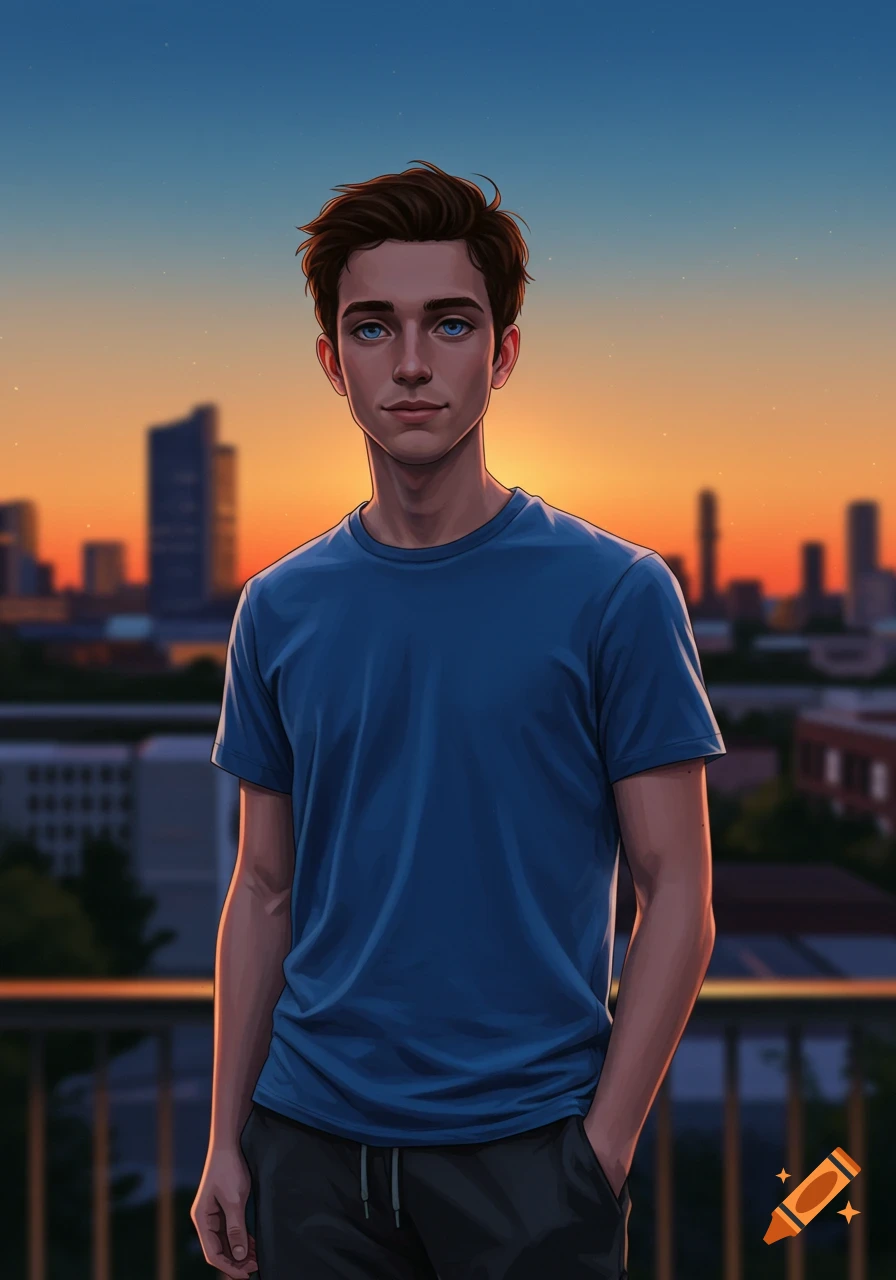 Man standing on a rooftop at sunset with a city skyline. on Craiyon