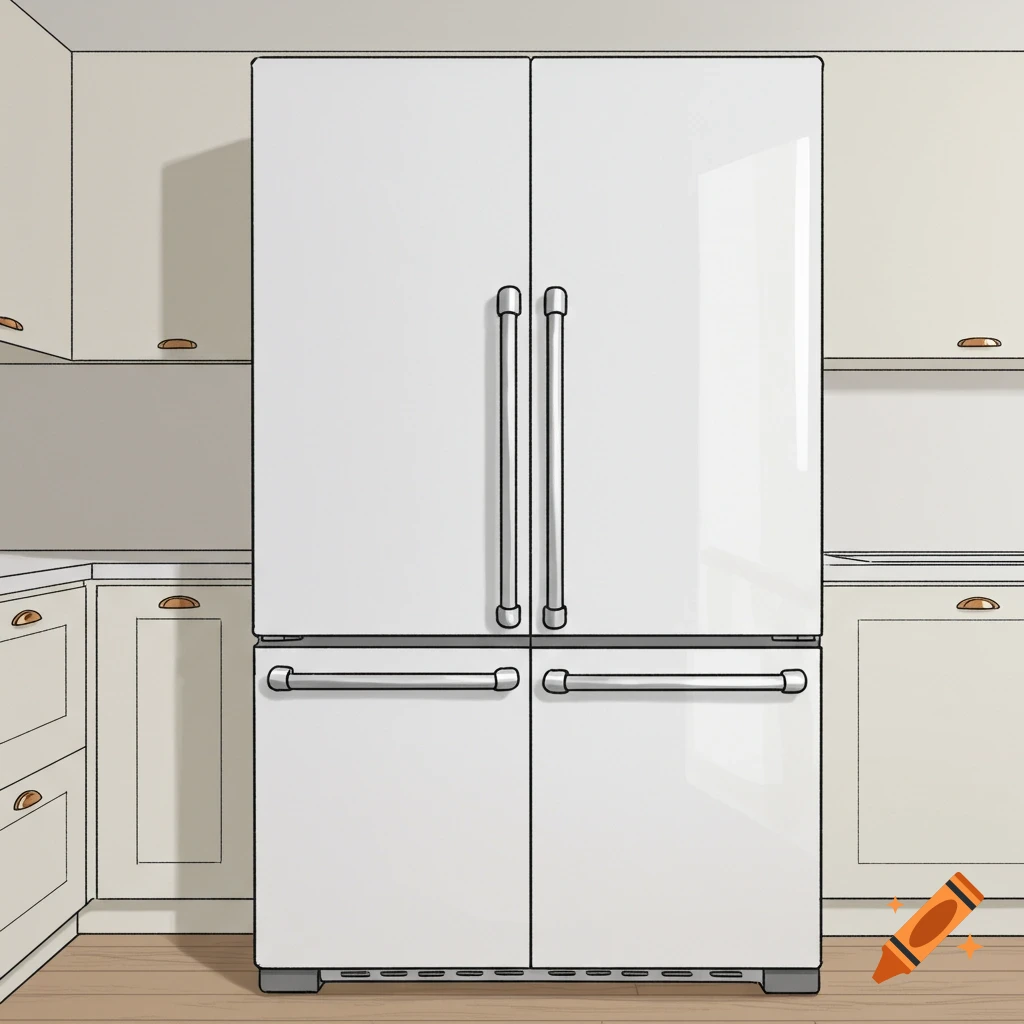 A simple line drawing of a white fridge freezer with two doors and a ...