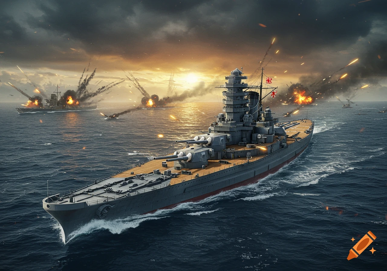 Battleships firing cannons during a naval battle at sunset. on Craiyon