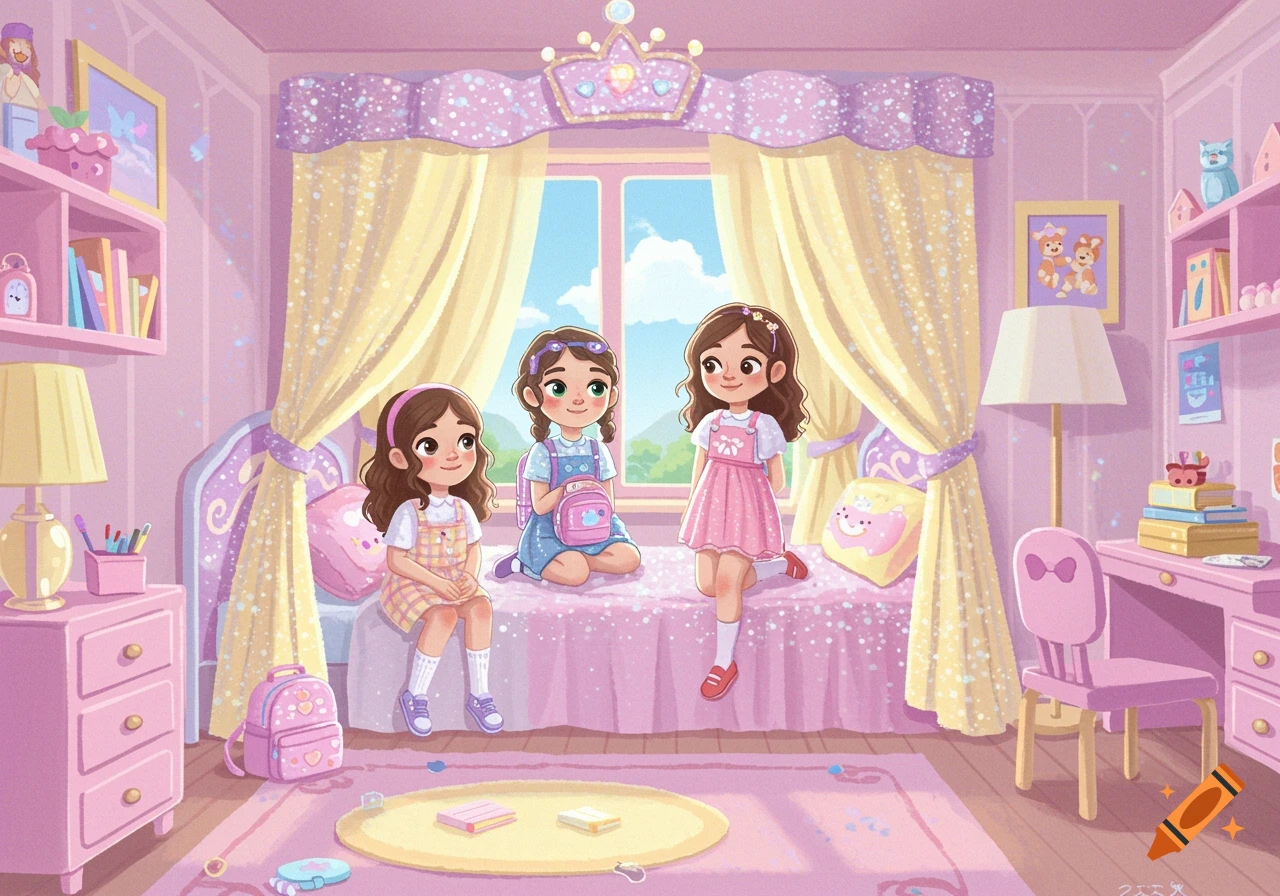 Digital illustration of three girls in a pastel pink and yellow ...