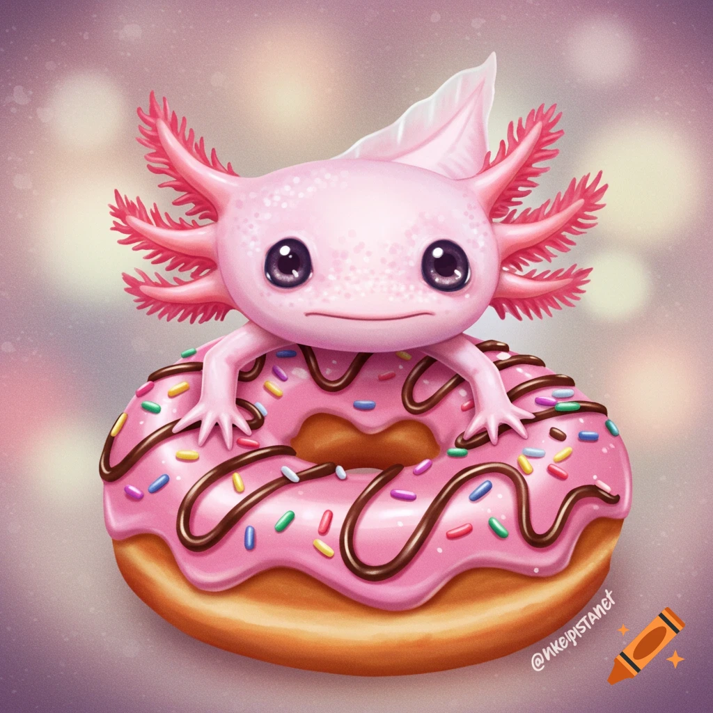 LINE Sticker of a cute axolotl transforming into a donut on Craiyon