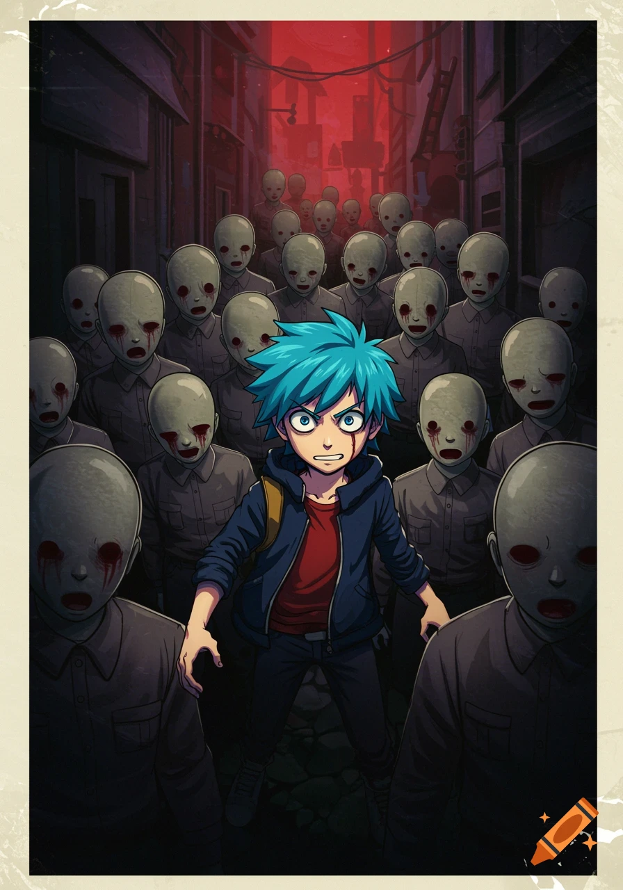 Anime-style young male protagonist surrounded by faceless NPCs in a ...