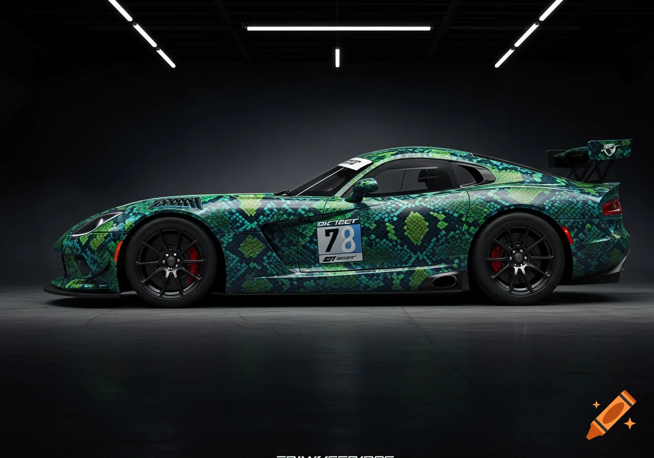 Two Dodge Viper race cars with snake skin livery on Craiyon