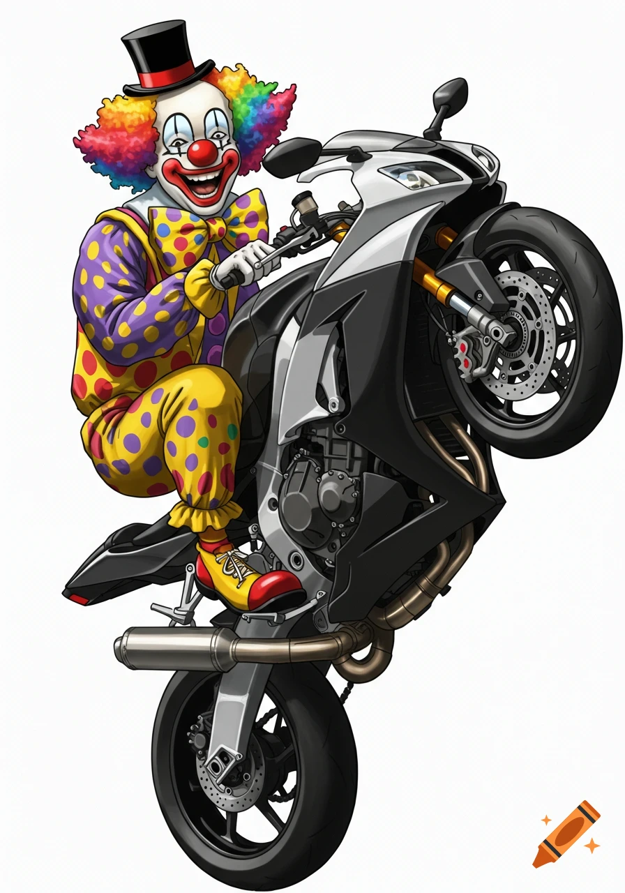 Clown riding a sports bike doing a wheelie on Craiyon