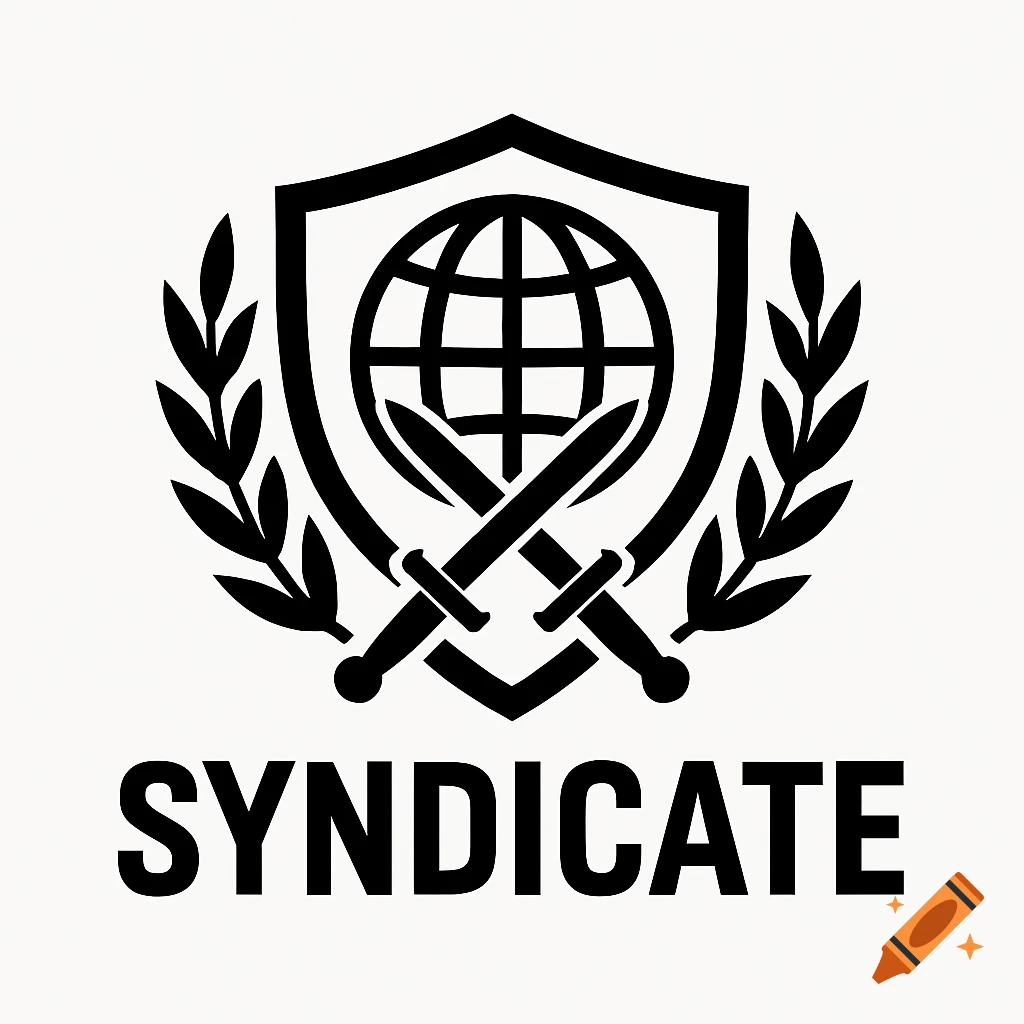 Black and white vector logo with a shield, globe, crossed swords, and ...