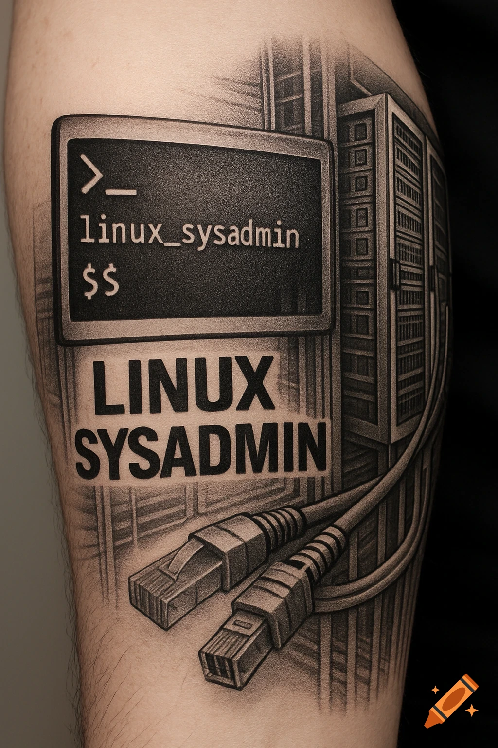 Linux sysadmin tattoo with terminal and datacenter elements on Craiyon