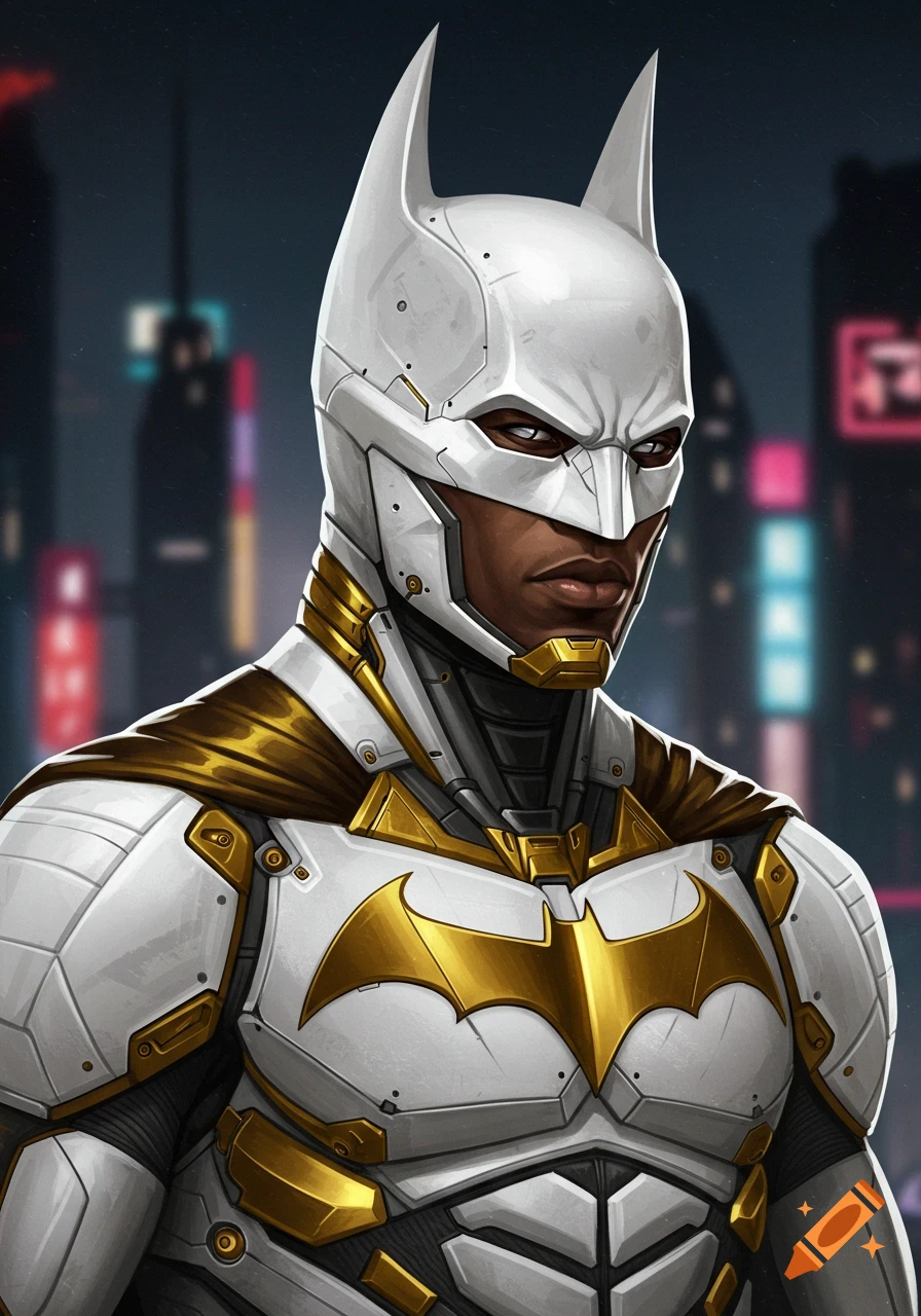 Futuristic white and gold Batman suit for a mixed-race anti-hero on Craiyon