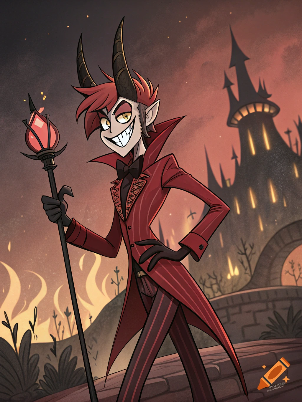 A cartoon devil in a purple robe with fiery eyes and horns. on Craiyon