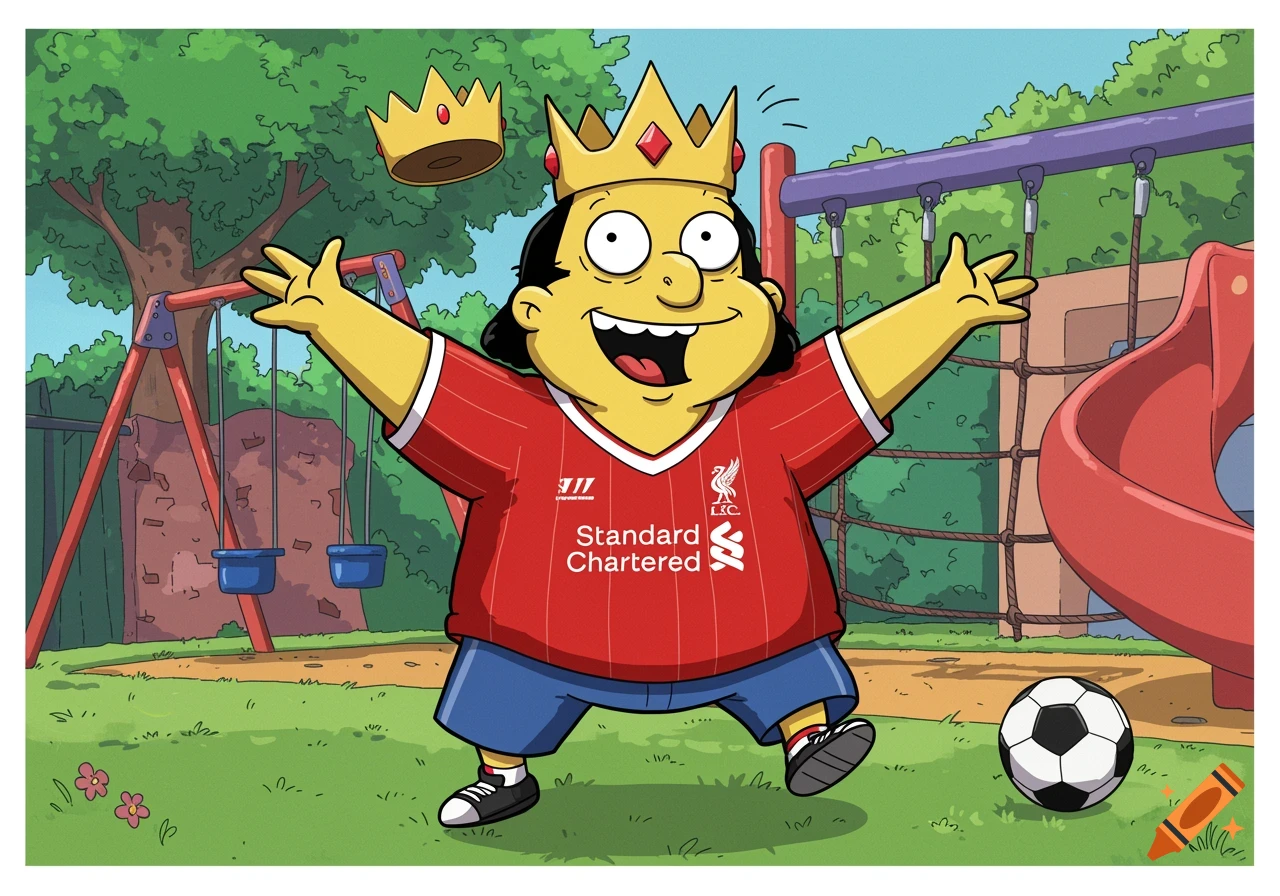 A cartoon character wearing a Liverpool FC jersey stands with arms wide ...