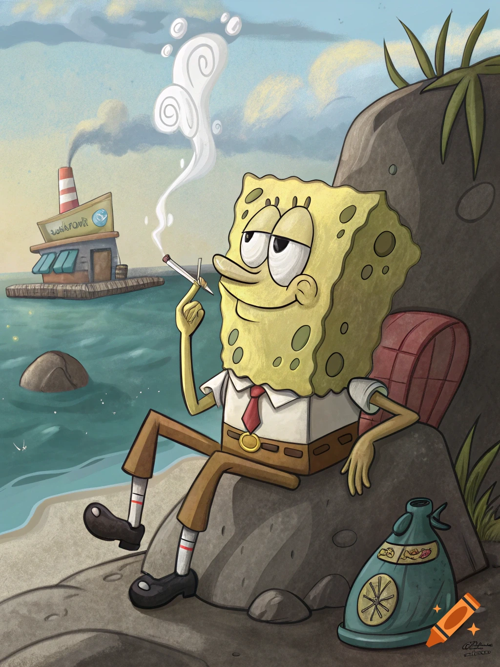 Squidward and a girl character hug while watching the sunset over the ...