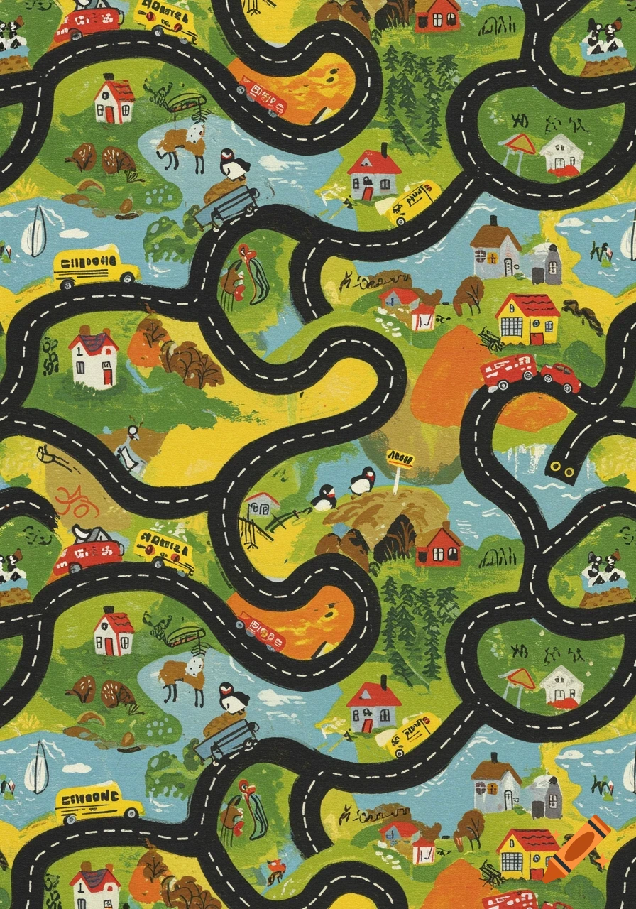Kids play mat pattern with Newfoundland roads on Craiyon