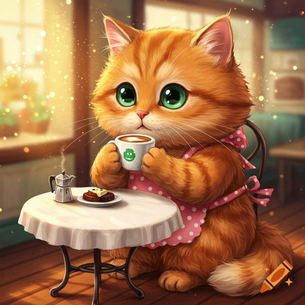 A cute ginger cat with big green eyes drinks coffee at a table, wearing ...