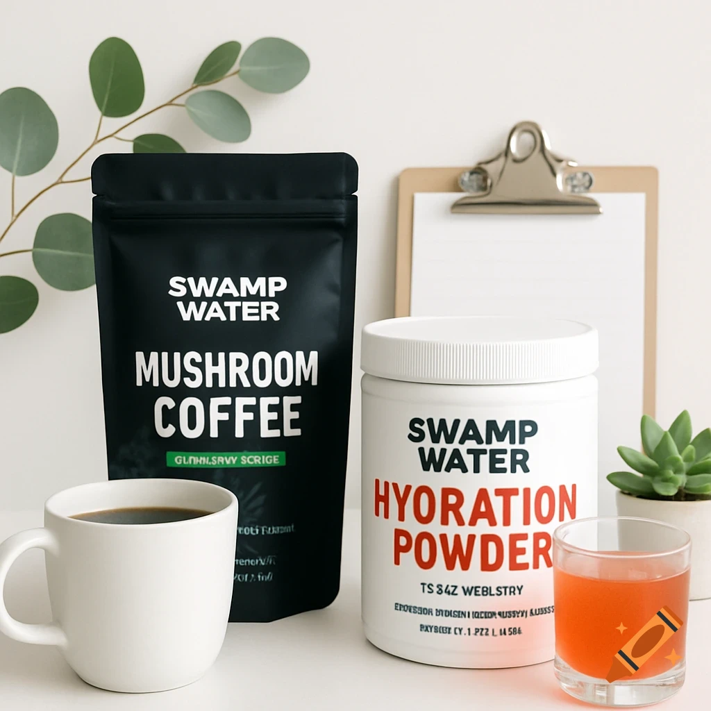 Swamp Water Mushroom Coffee and Hydration Powder product photography on ...