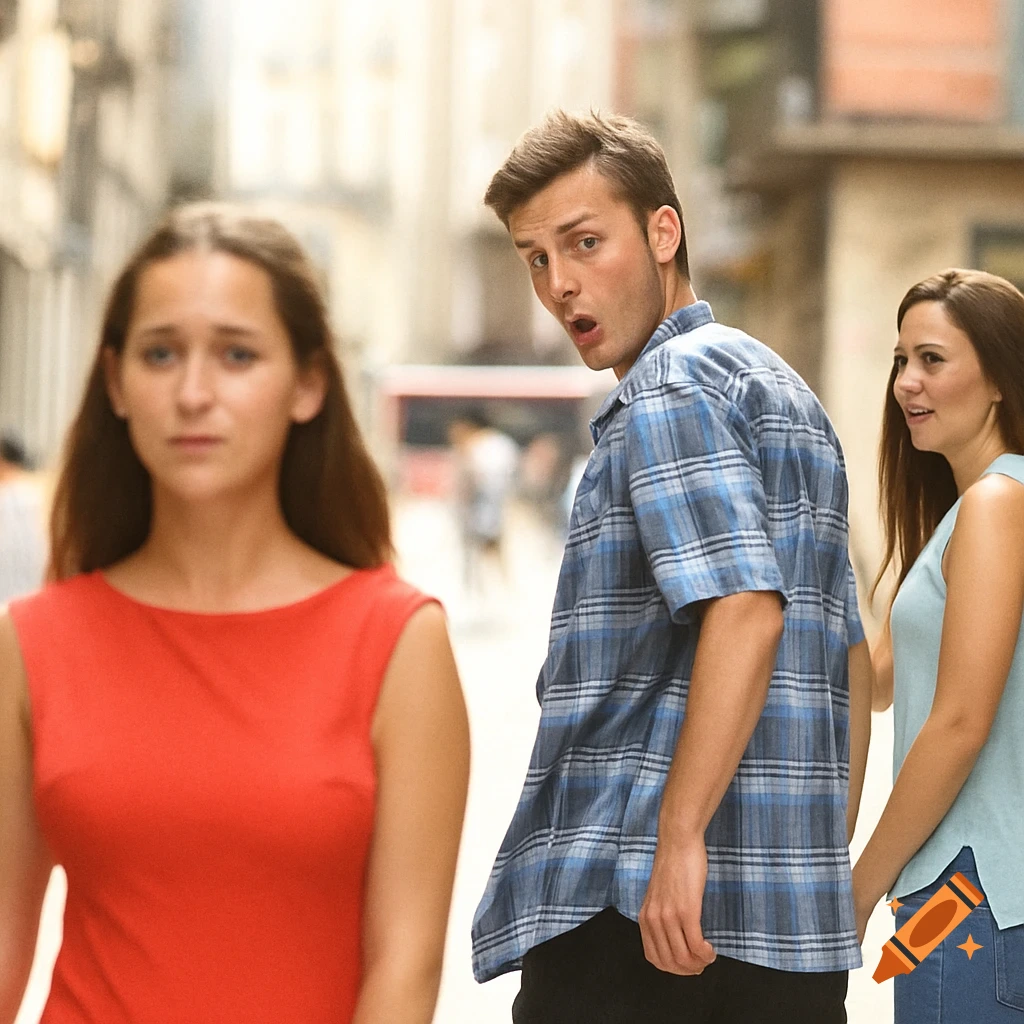 A man in a plaid shirt looks back at a woman walking past, while his ...