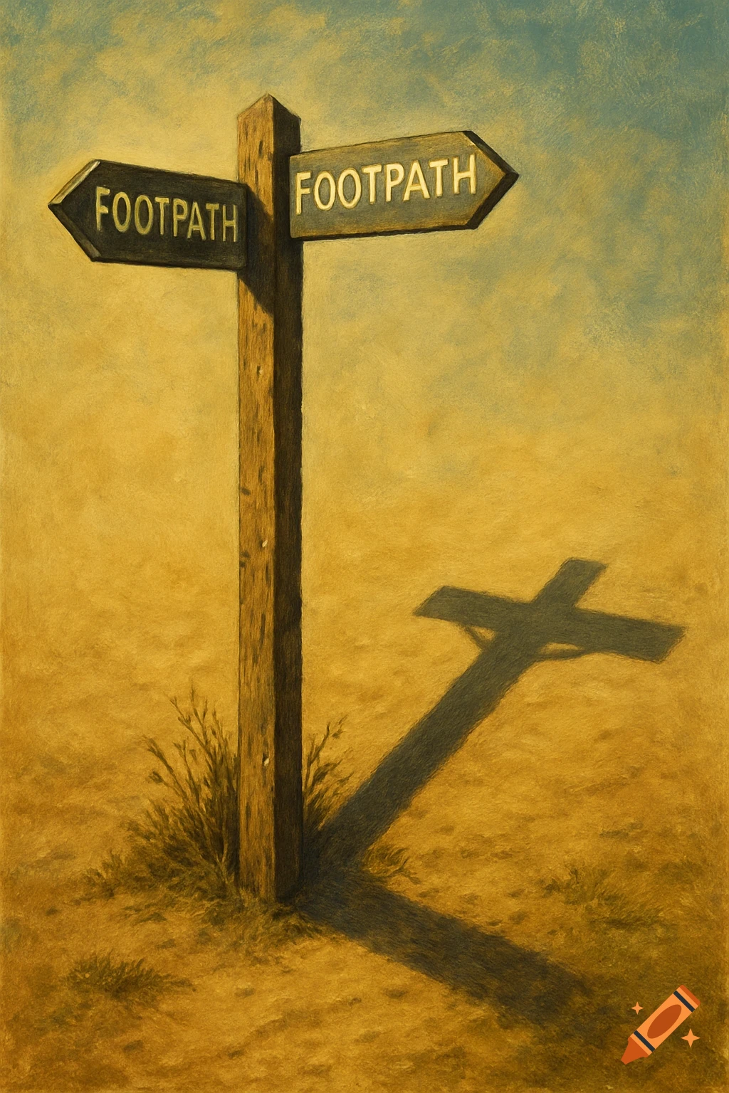 A footpath sign with two arrows, casting a long shadow shaped like a ...