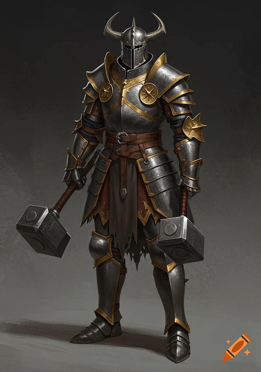 DND fighter with armor, two war hammers, and a dread helm on Craiyon