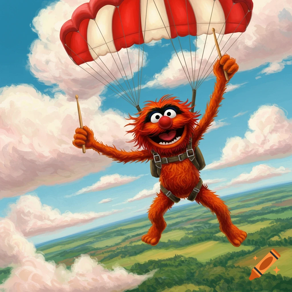 Cartoon character Animal the Muppet skydives with a red and white ...
