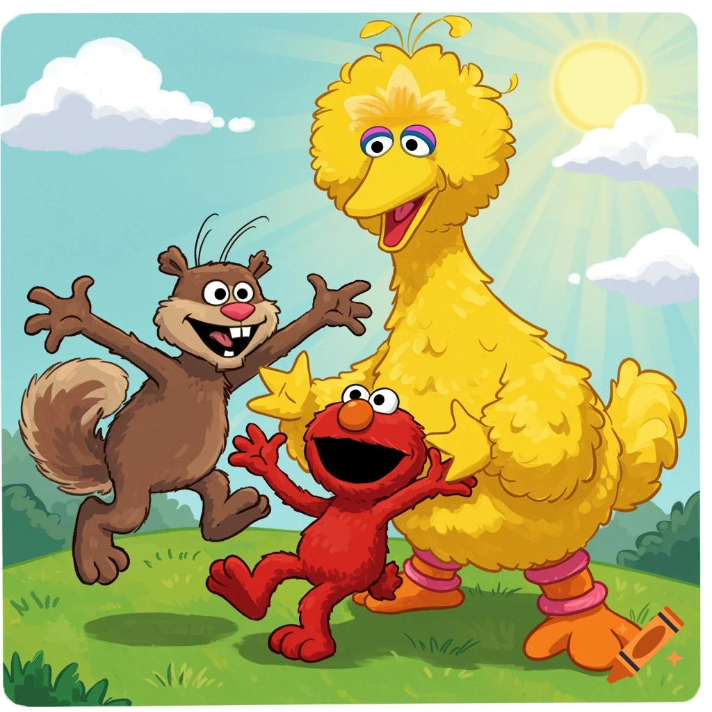 Big Bird and Sandy Cheeks eating Elmo on Craiyon