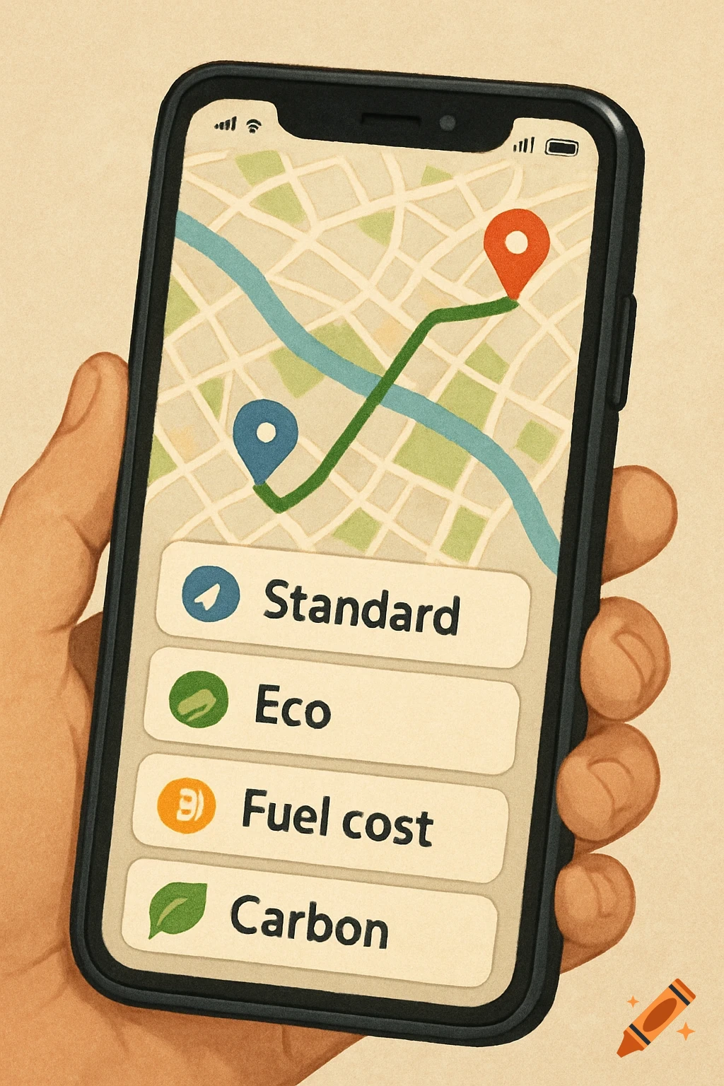 Phone with map app showing settings for standard, eco-friendly, fuel cost optimization, and ...