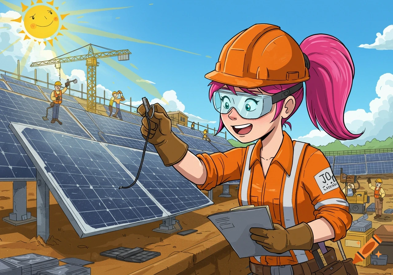 Cartoon of a solar engineer working on solar panels at a construction ...
