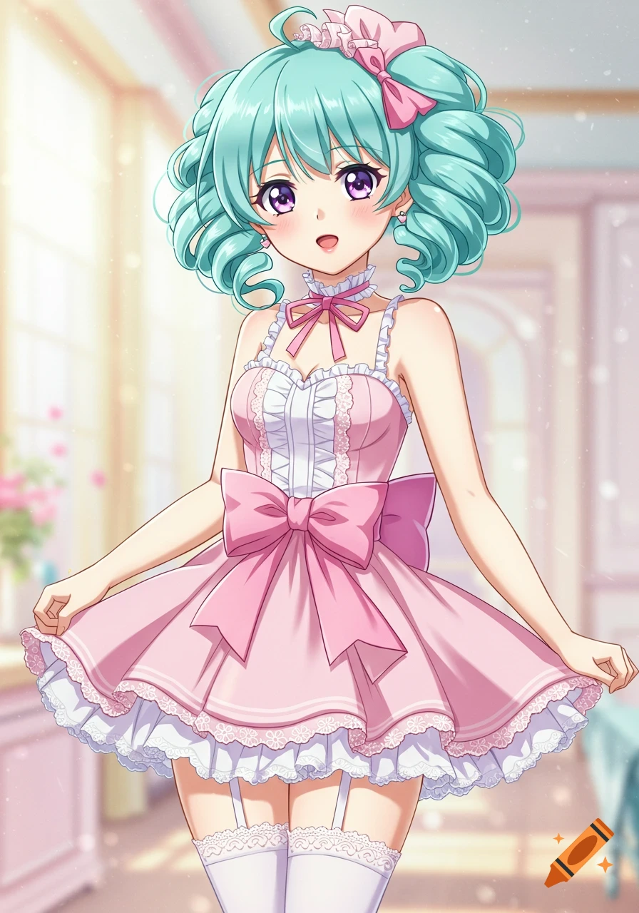 An anime girl in a detailed pastel blue and pink frilly dress with bows ...