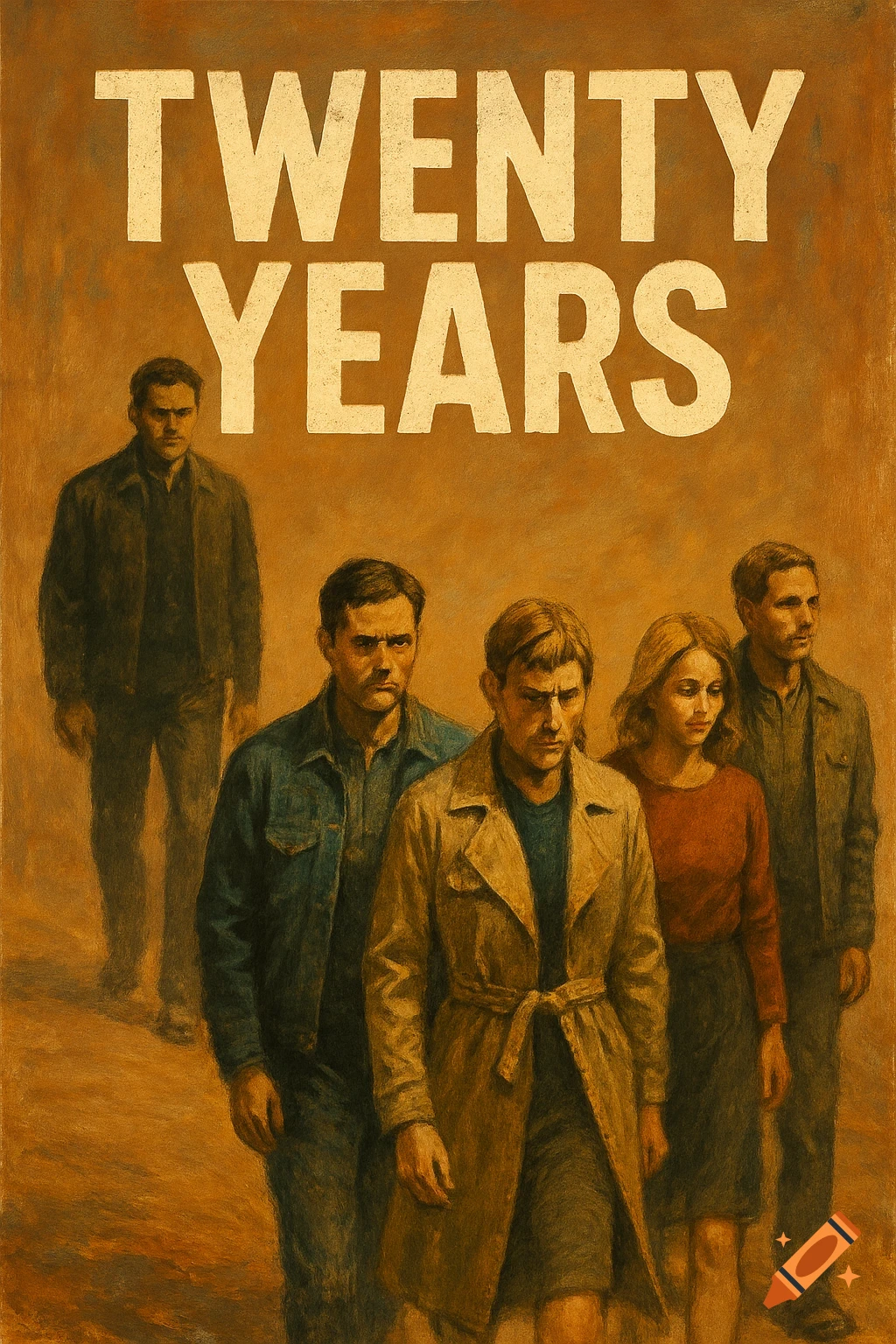 A movie poster titled 'TWENTY YEARS' shows five people. on Craiyon