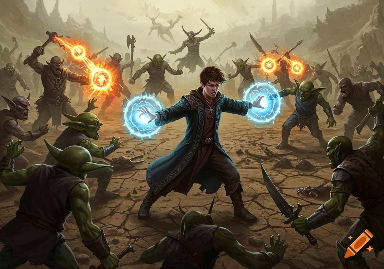 Illustration of two magic users, a man and a woman, fighting off ...