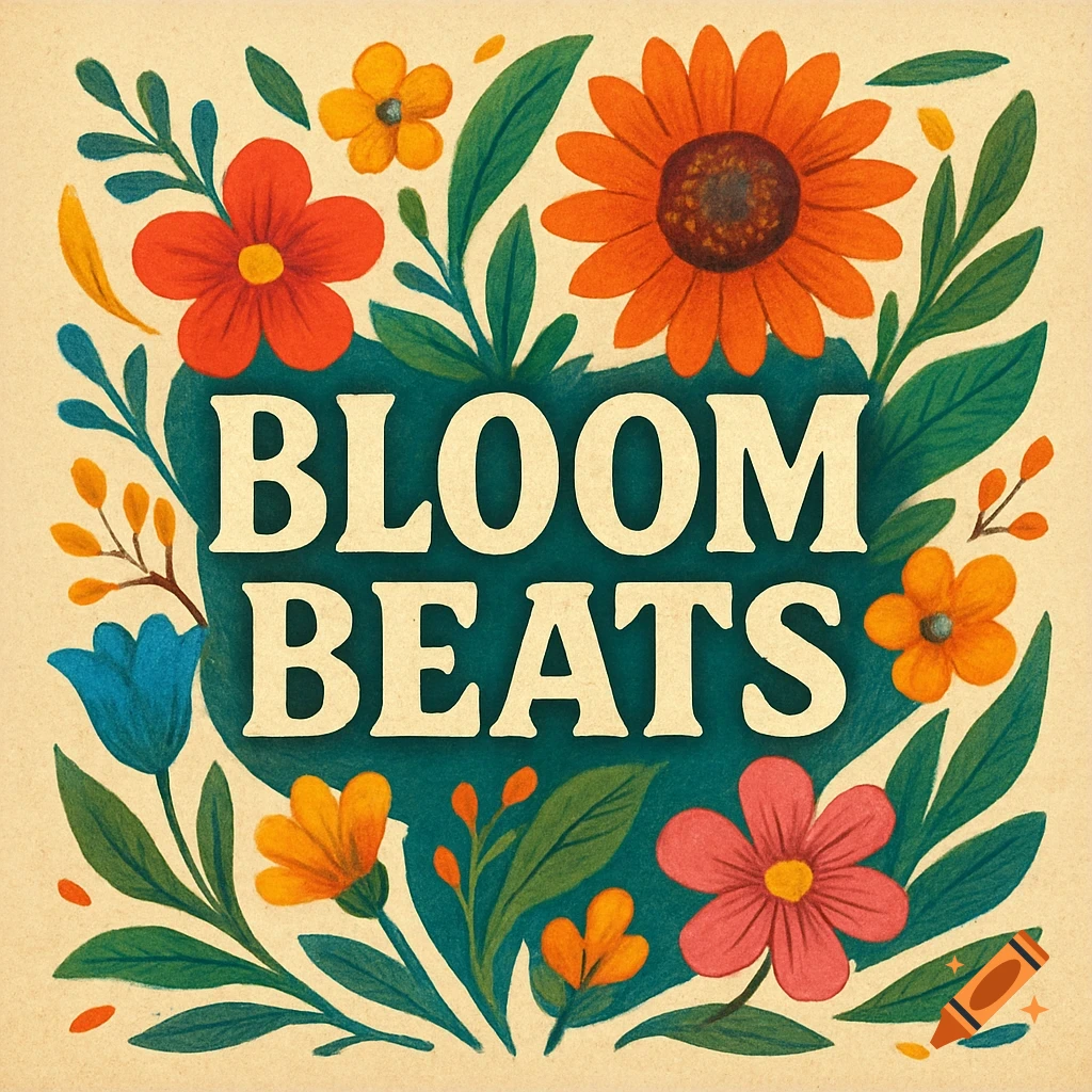 Flower and nature scene with the text Bloom Beats on Craiyon