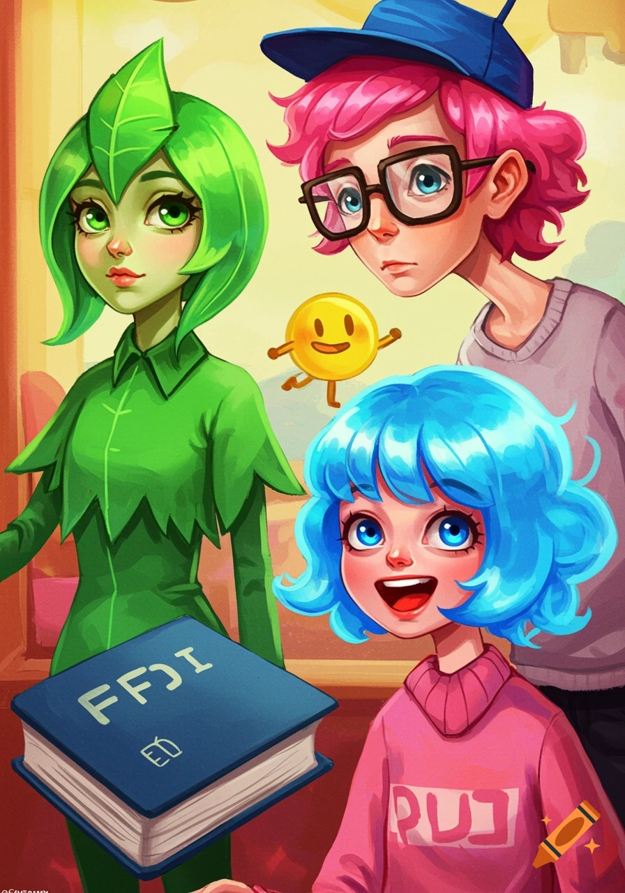 Vibrant illustration of cartoon characters with colorful hair and a ...