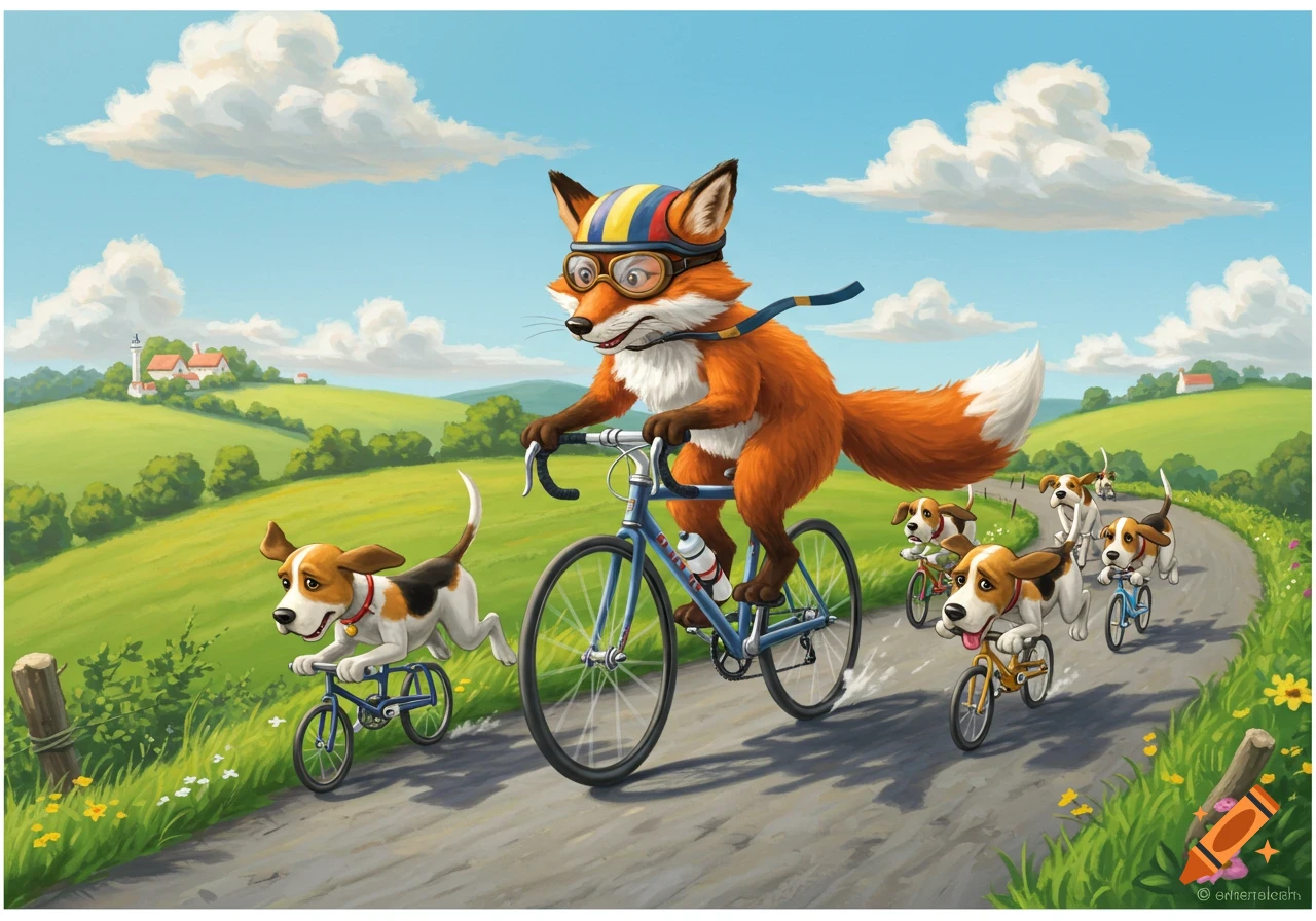 A fox on a bicycle leads a group of dogs on bicycles down a path ...