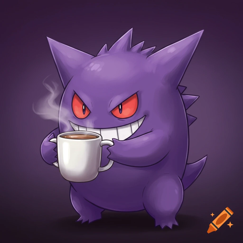 A purple Gengar character holds a steaming white coffee mug. on Craiyon