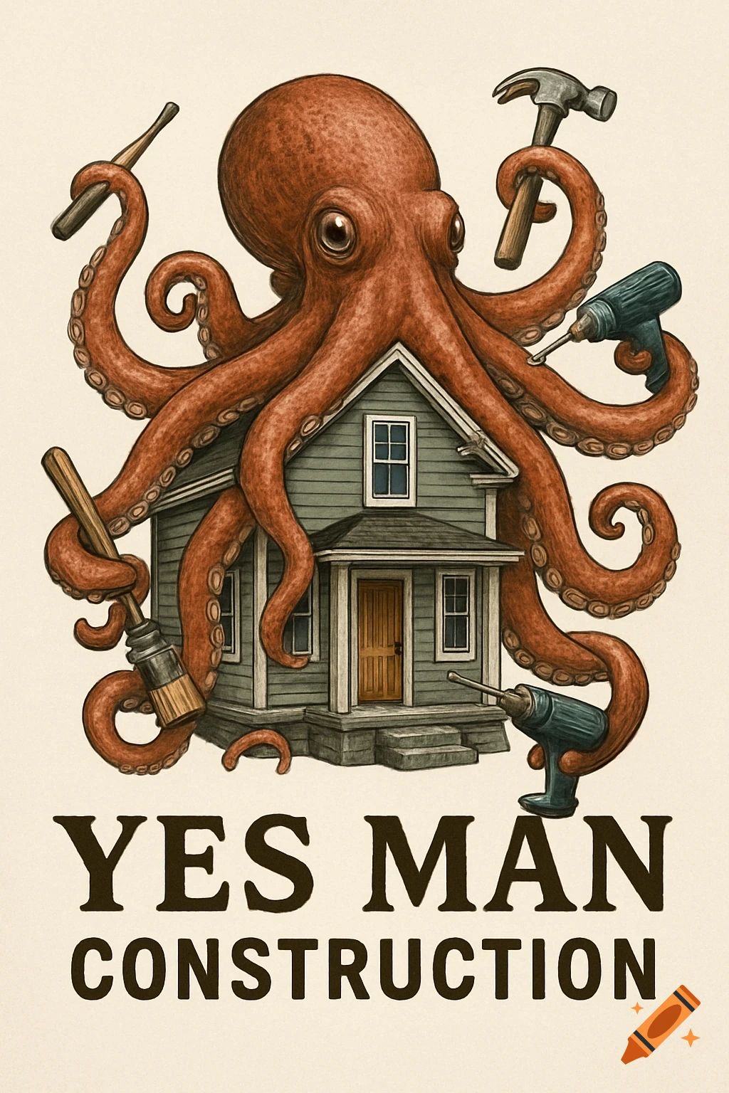 An octopus holds construction tools while wrapping tentacles around a ...