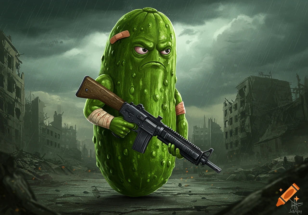 A large, angry cartoon pickle with bandages holds a rifle in a ruined ...