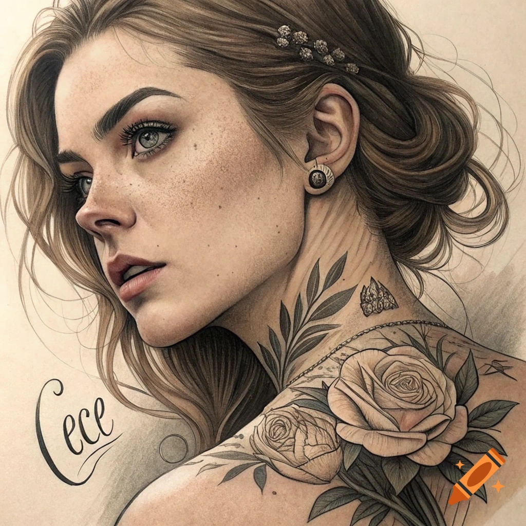Pencil drawing of a woman with shoulder and neck tattoos and freckles ...
