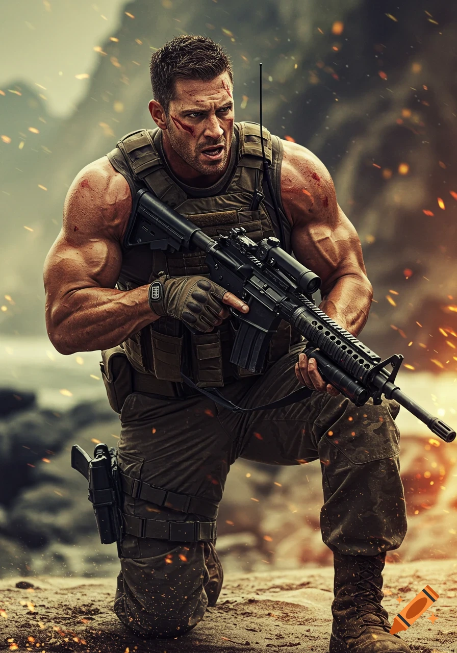 Muscular soldier in tactical gear kneels in a dusty combat zone ...