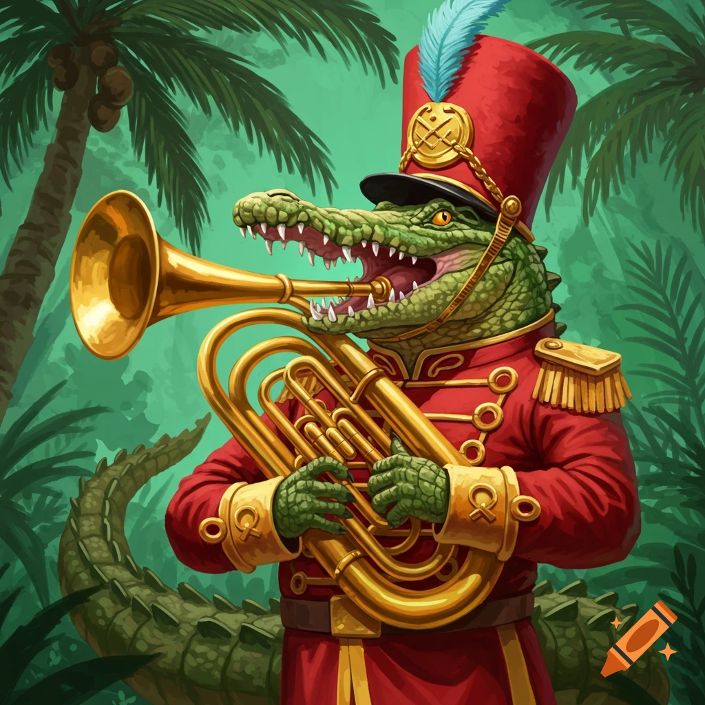 An illustrated alligator plays a trombone in a swampy setting. on Craiyon
