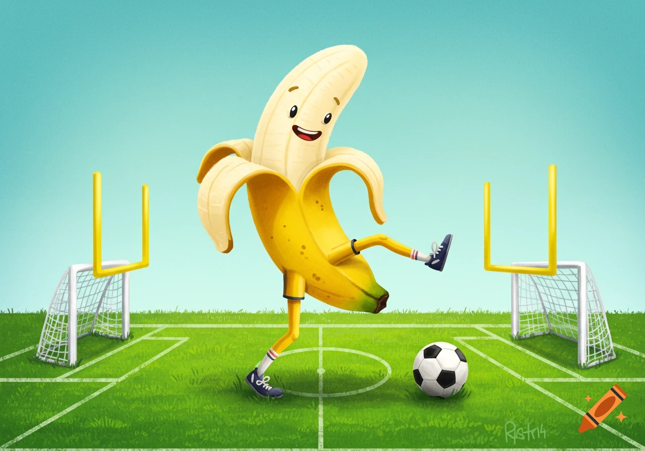 Cartoon banana character with legs kicks a soccer ball on a grass field ...