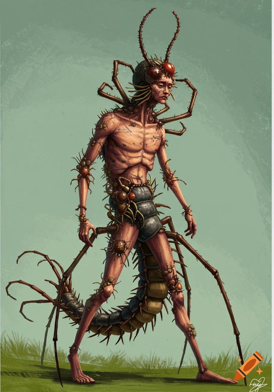 Illustration of a human-like creature with insect and arachnid features standing in grass. on ...