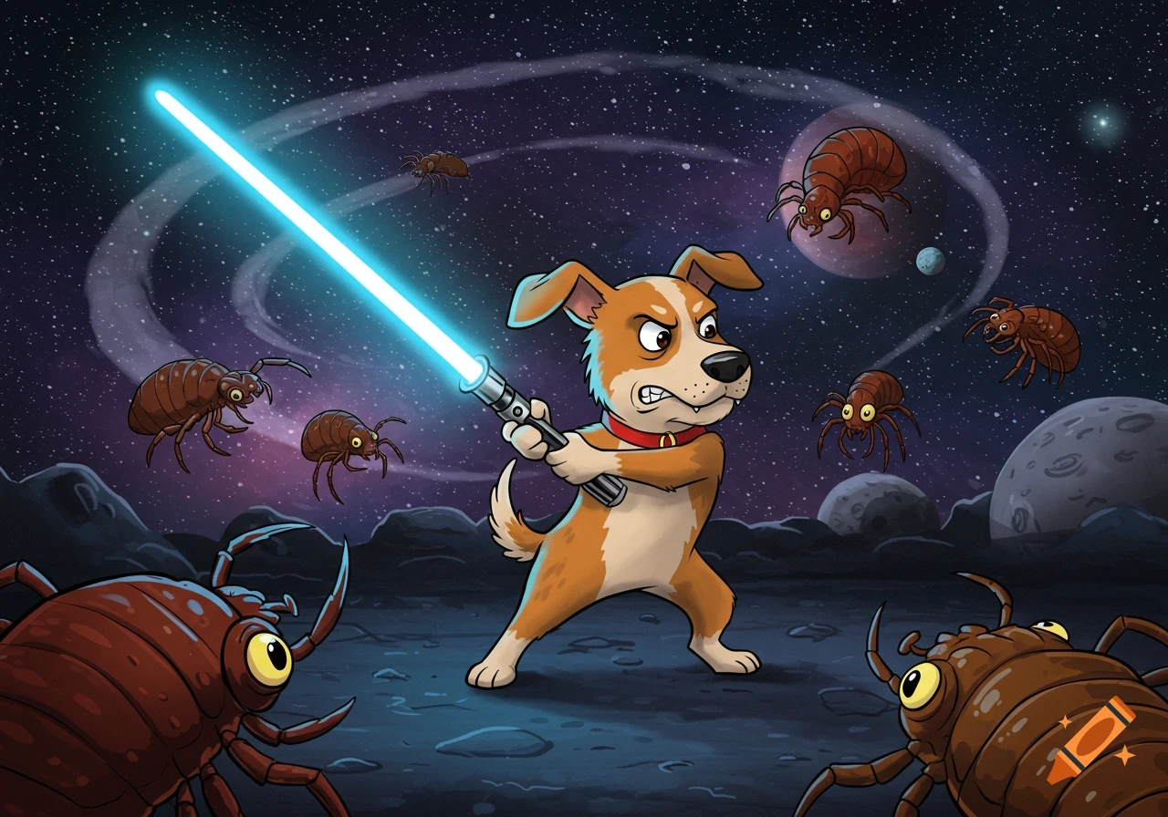 Cartoon dog fights large bugs with a blue lightsaber in space. on Craiyon