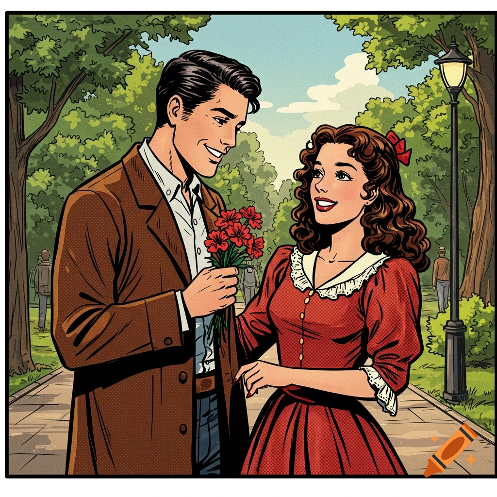 A man gives flowers to a woman in a park, vintage comic book style. on ...