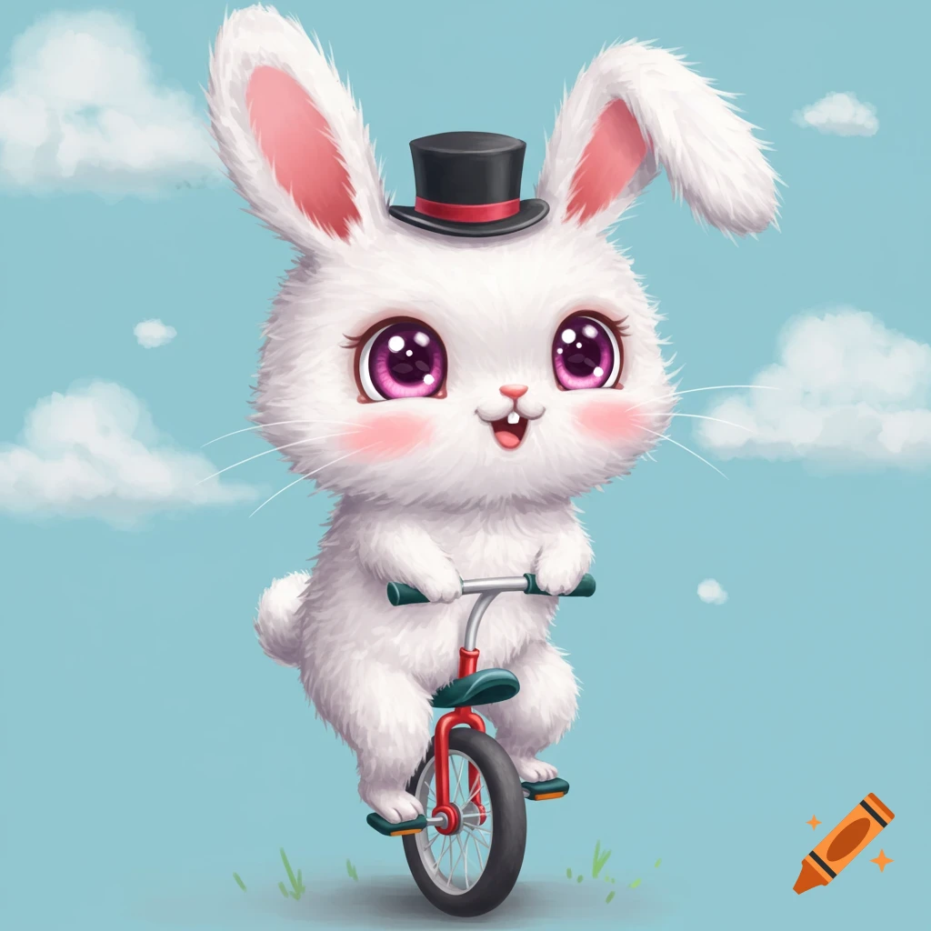 A cute cartoon bunny in a top hat rides a unicycle under a blue sky. on ...