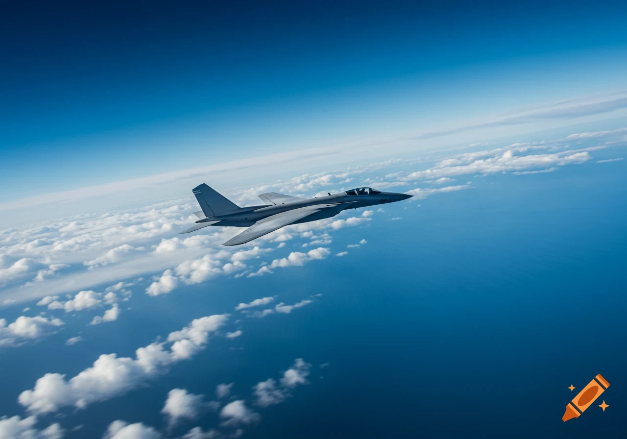 A grey fighter jet flies high above clouds over the ocean. on Craiyon