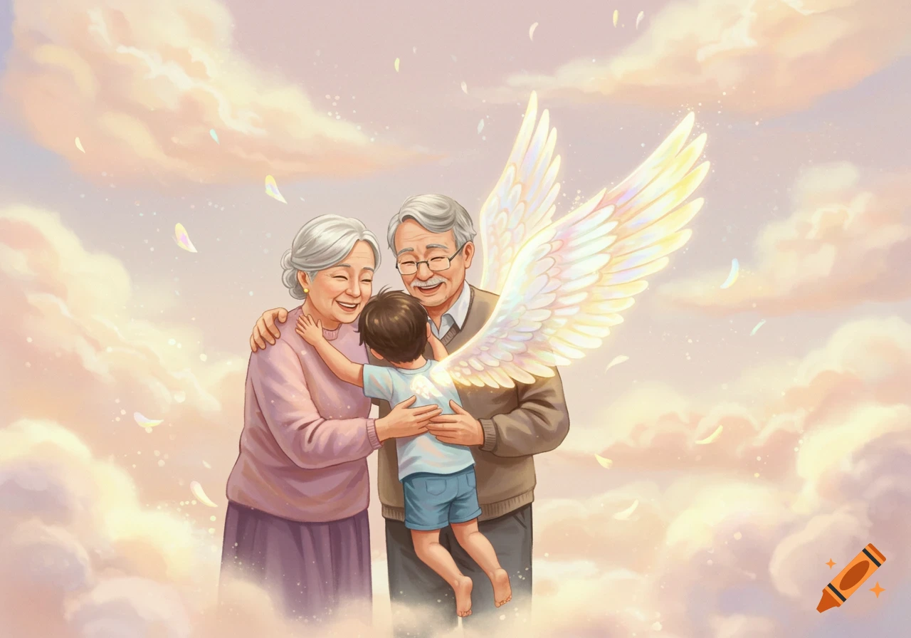 An illustration of a child with glowing wings hugging smiling ...