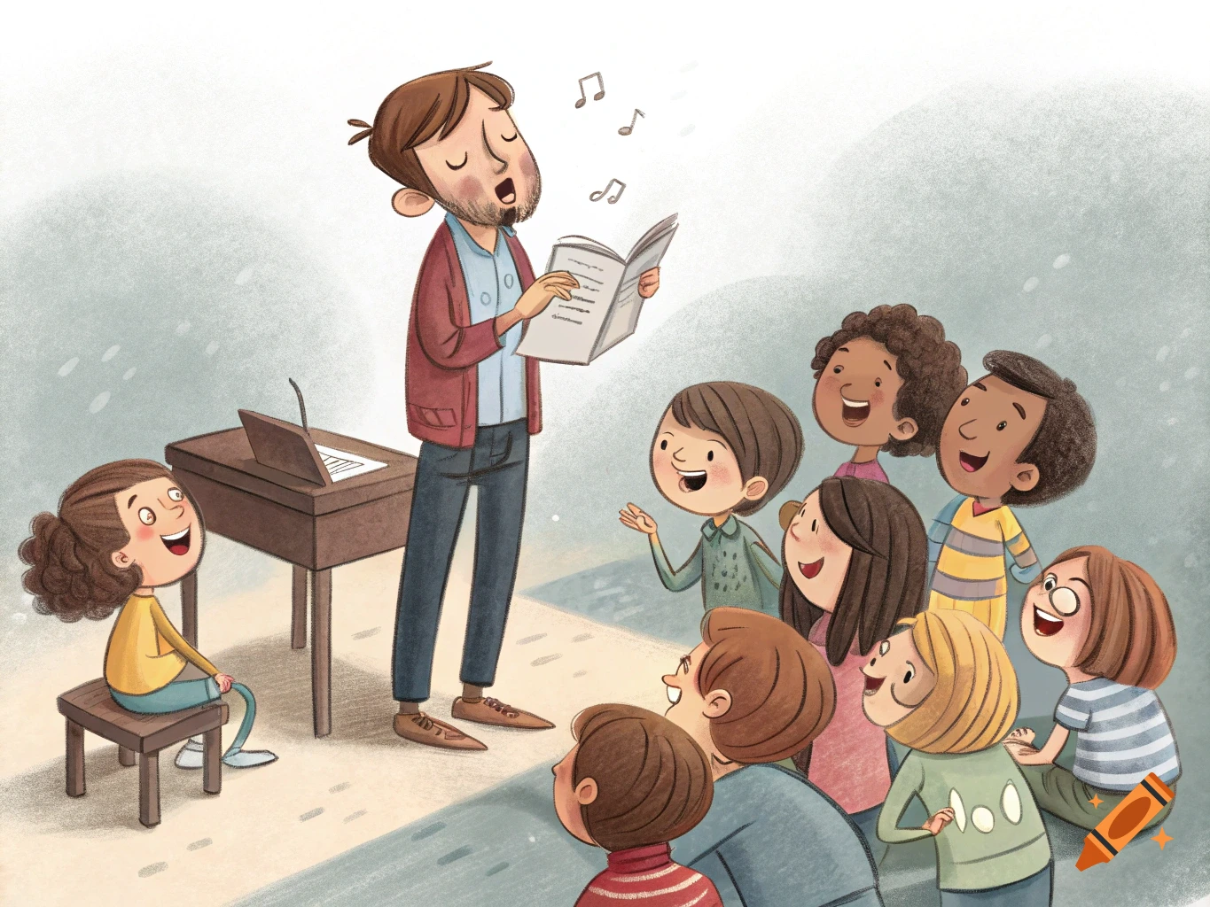 Clément Mathieu teaching children to sing on Craiyon