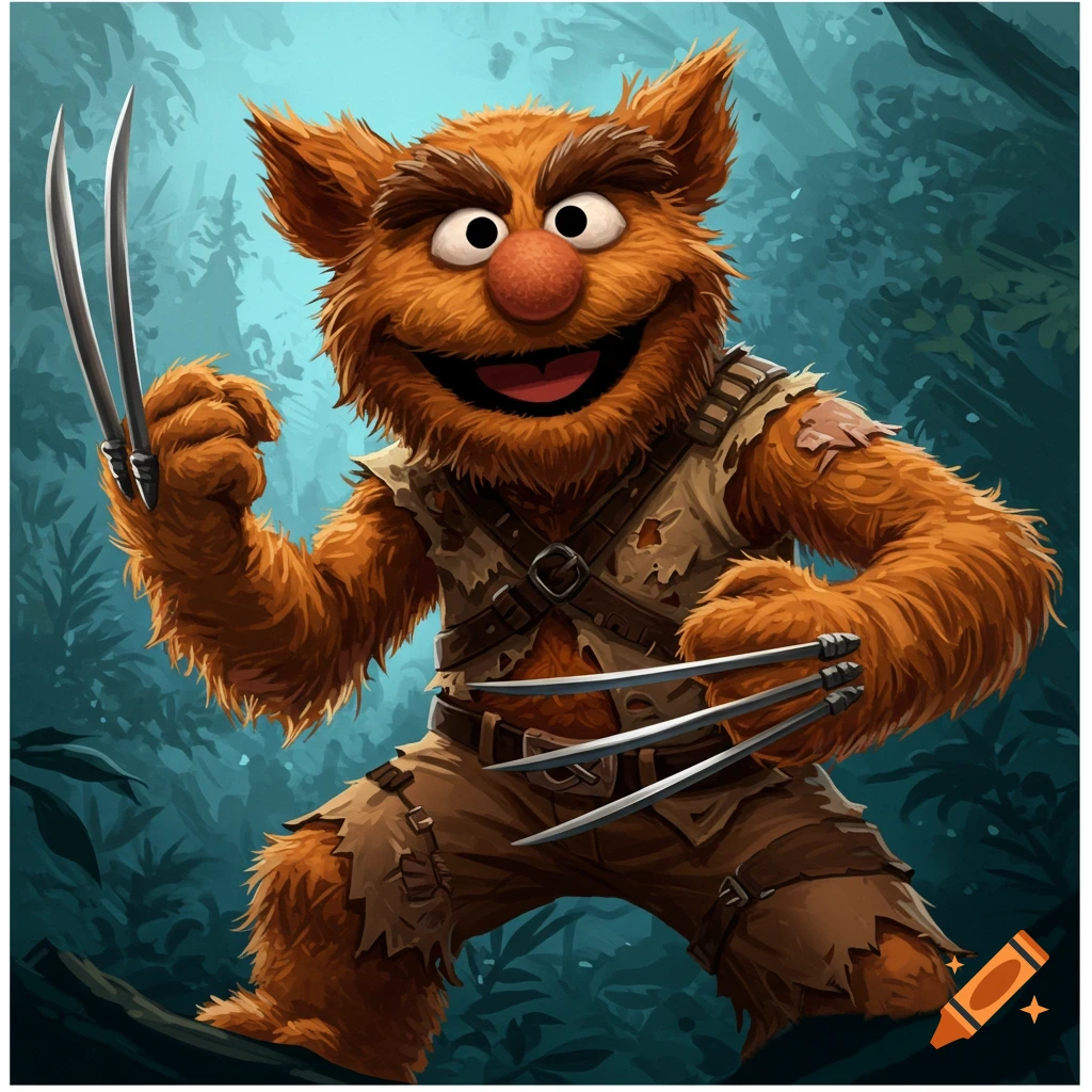 A furry orange muppet character dressed in torn clothes, with metal ...