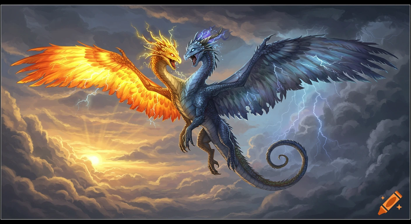 Two-headed dragon with contrasting fiery and misty wings flying through ...